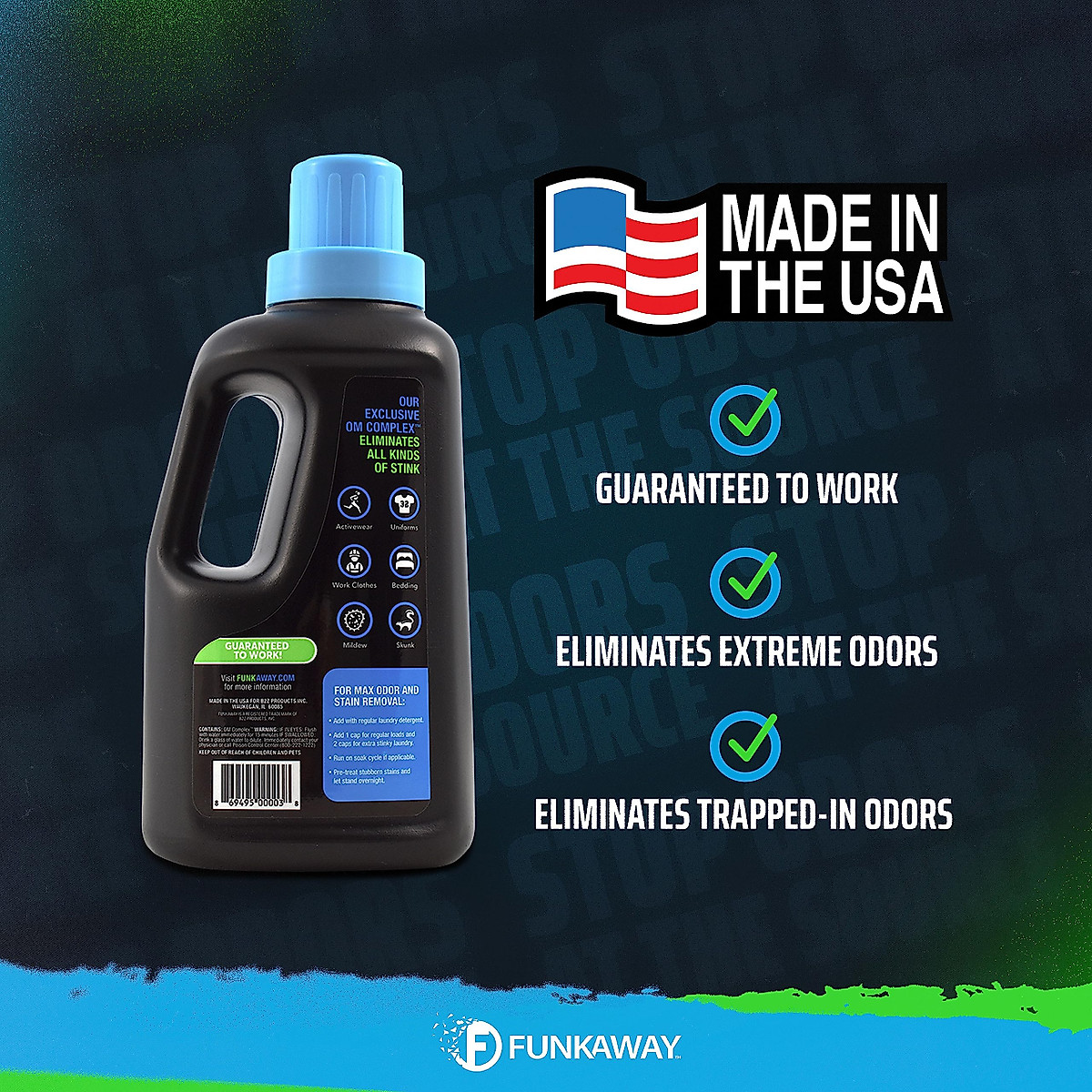 FunkAway Laundry Detergent Booster, 32 oz., Eliminates Extreme Trapped-In Odors and Stains from Activewear, Sports Uniforms, Pet Bedding, Towels and Bed Linens