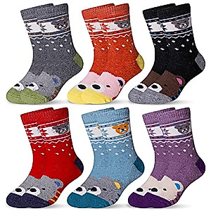 Eocom 6 Pairs Children's Winter Warm Wool Animal Crew Socks Kids Boys Girls Socks (6 Pairs Bear, 4-7 Years)