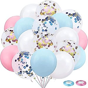 Gender Reveal Pink Blue Balloons - 60 Pack 12 Inch Pink and Blue Confetti Latex Party Balloons Arch Kit Pastel Balloons for Baby Shower Wedding Birthday Party Decoration - with 33ft Ribbon