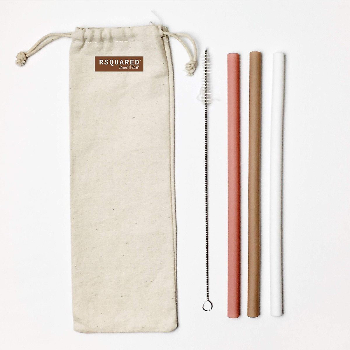 RSQUARED® Reusable Large Silicone Straw 3PK Pink White Beige Straight with cleaning brush and linen bag boba Stanley the Quencher Yeti
