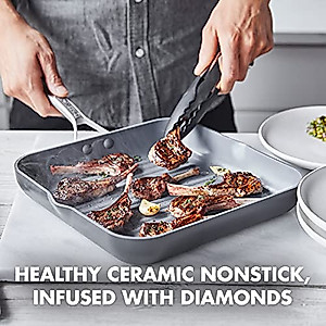 GreenPan Paris Pro Hard Anodized Healthy Ceramic Nonstick, 11" Square Grill Pan, PFAS-Free, Dishwasher Safe, Grey
