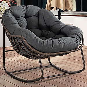 HOMEFUN Outdoor Patio Rocking Chairs, Oversized Papasan Rocking Chair Indoor with Padded Cushion - Rocker Egg Chair for Front Porch, Garden, Patio, Backyard Gray