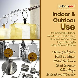 UrbanRed Stainless Steel 16.4 FT (5m) Curtain Wire Rod Set - Curtain Wire Hanging System, Versatile Art Display, Photo Hanging - Wall Mount Clothesline for Windows with Tension Wire Design