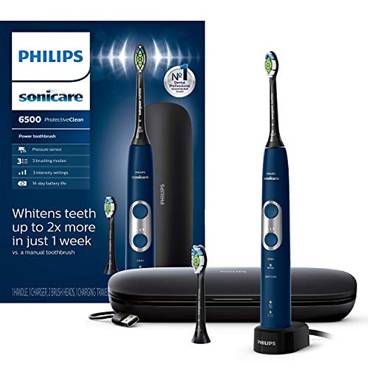 Philips Sonicare ProtectiveClean 6500 Rechargeable Electric Power Toothbrush with Charging Travel Case and Extra Brush Head, Navy Blue, HX6462/07