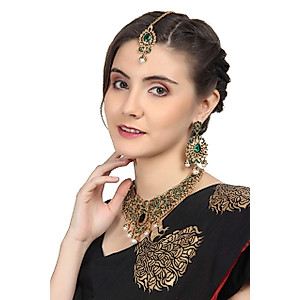 Touchstone New Indian Bollywood Desire Traditional Filigree Faux Green Emerald Color Exclusive Grand Bridal Jewelry Necklace Set in Antique Gold Tone for Women