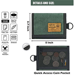 Rough Enough Boys Wallet for Teen Boys Kids Youth with Tactical Keychain Neck Lanyard Carabiner Army Green Canvas