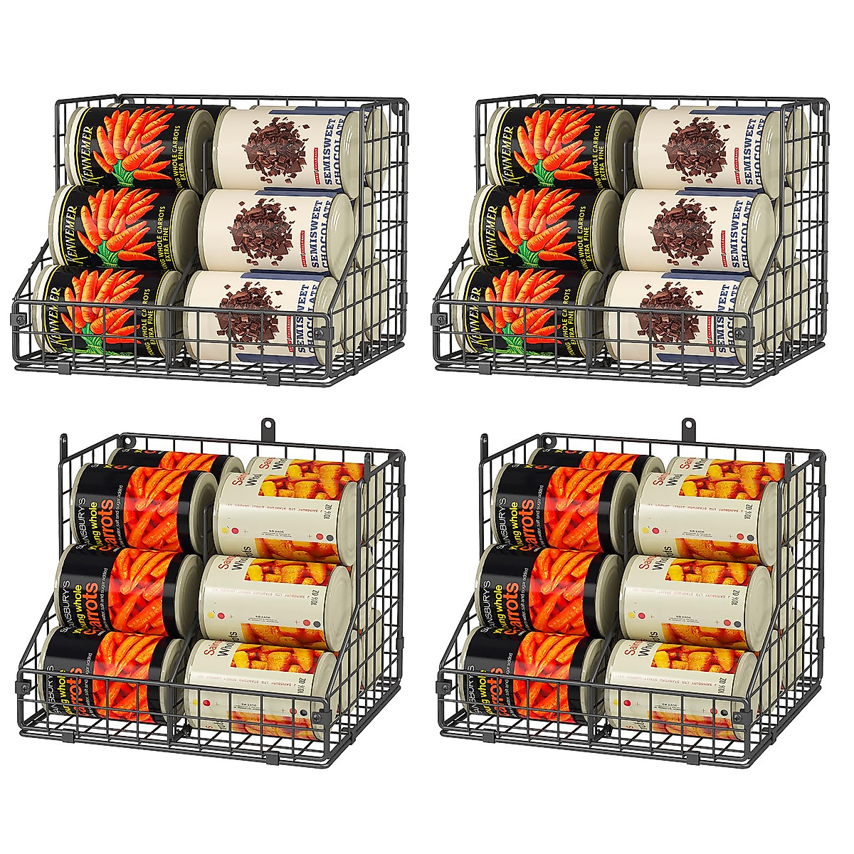 Stackable Can Rack Organizer, 4-Tier Can Storage Rack for Kitchen Cabinet Pantry, Multifunctional Can Dispenser for Storing Canned Snacks Drinks and More,Black