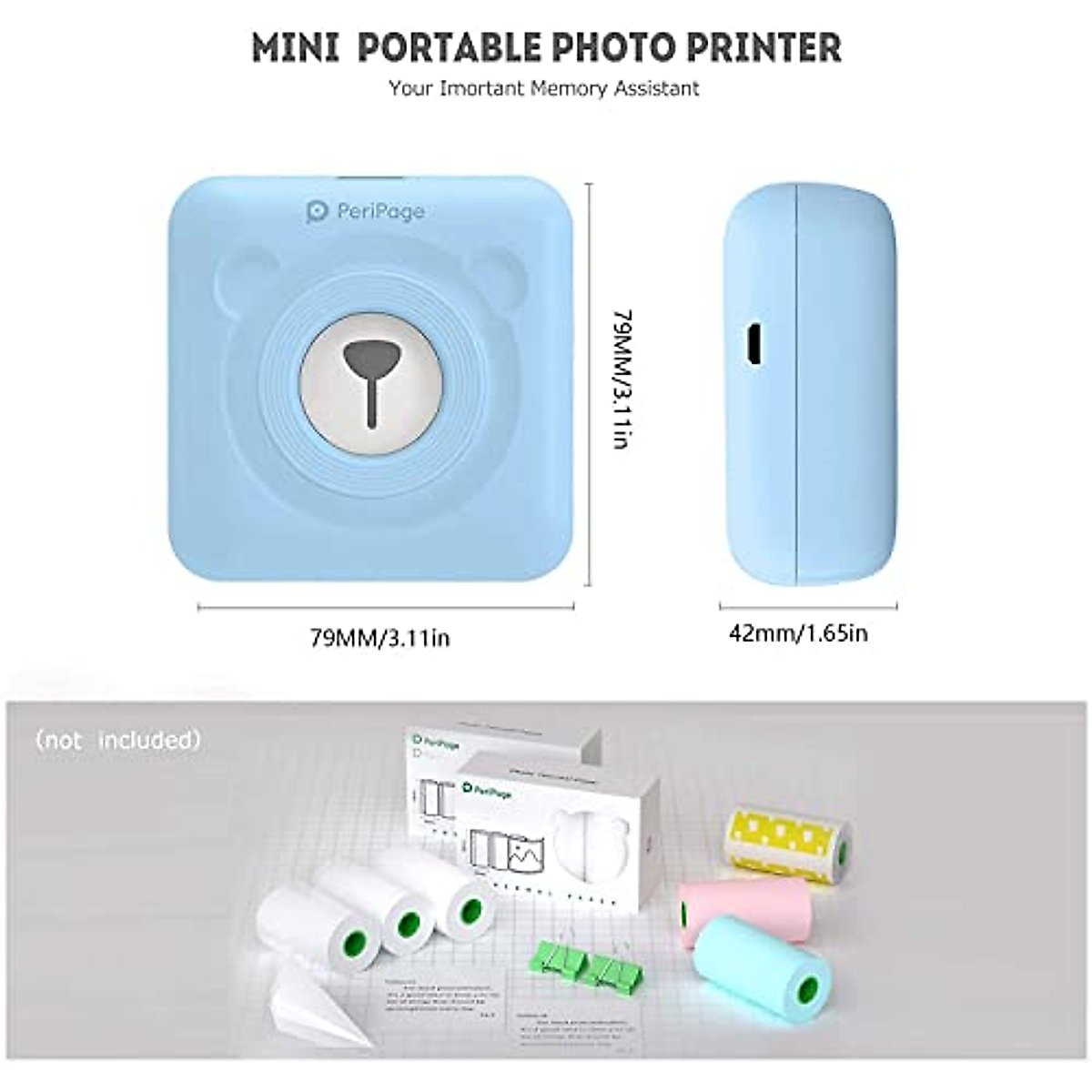PeriPage Mini Printer, Portable Sticker Bluetooth Printer for Printing Student Notes, Journal, Memo, Mobile Printer, Pocket Printer, Received Printer with USB Cable, Supports Android iOS Windows-Blue