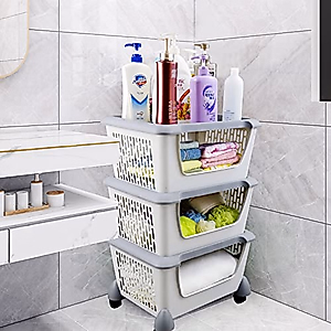 Morcte 5-Pack Plastic Stackable Storage Basket with Lids, Stacking Organizer Basket with Wheels, Gray