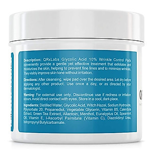 QRxLabs Glycolic Acid 10% Wrinkle Control Pads for Face & Body - 10% Glycolic Acid, Allantoin, Vitamins B5, C & E, Calendula & Green Tea Extract - Face Pads for Smooth Skin - Prevents Wrinkles & Lines