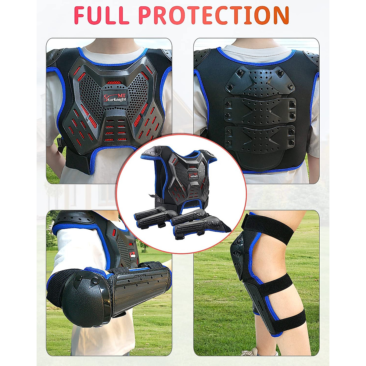 StarknightMT Kids Dirt Bike Gear - Youth ATV Motorcycle Riding Motocross Armor Suit, Blue+Red