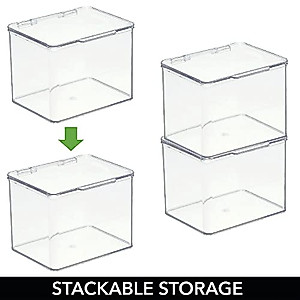 mDesign Small Plastic Home Office Storage Organizer Box Containers w/Hinged Lid for Desktops - Holds Pens, Pencils, Sticky Notes, Highlighters, Staples, Supplies - Lumiere Collection - 2 Pack - Clear