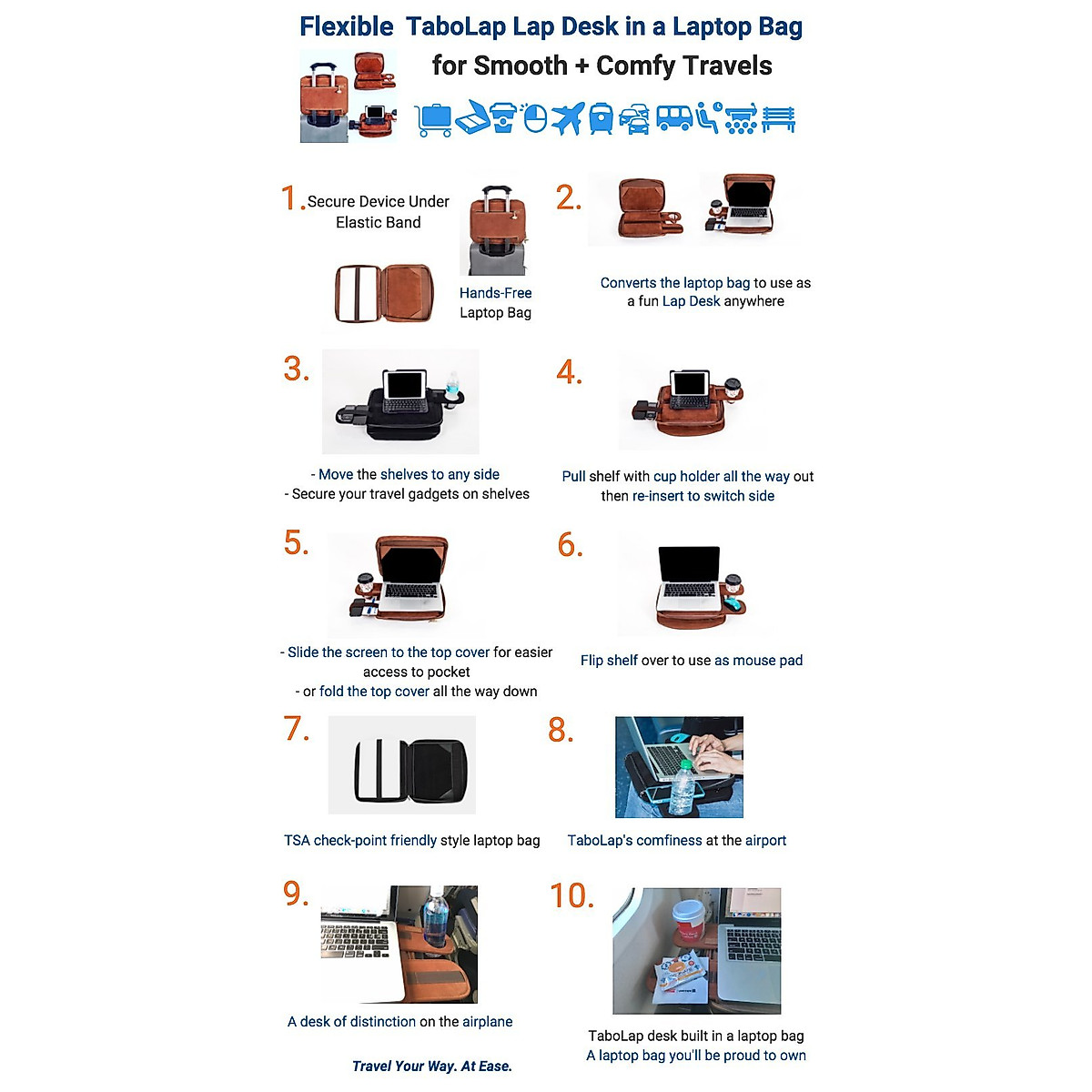 Portable Laptop Lap Desk & Sleeve in One | TaboLap Computer Sleeve Convertible to a Non-Slip LapDesk w/a Bottle Cup Holder & 2 Retractable Trays to Left/Right | 13 Inches | Black Neoprene