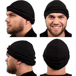 CAPLORD Silk Satin Lined Halo Turban Head Wrap Pre-Tied Skull Cap for Men and Women Sleeping Bonnet Hair Cover Chemo Hair Loss Hat Black