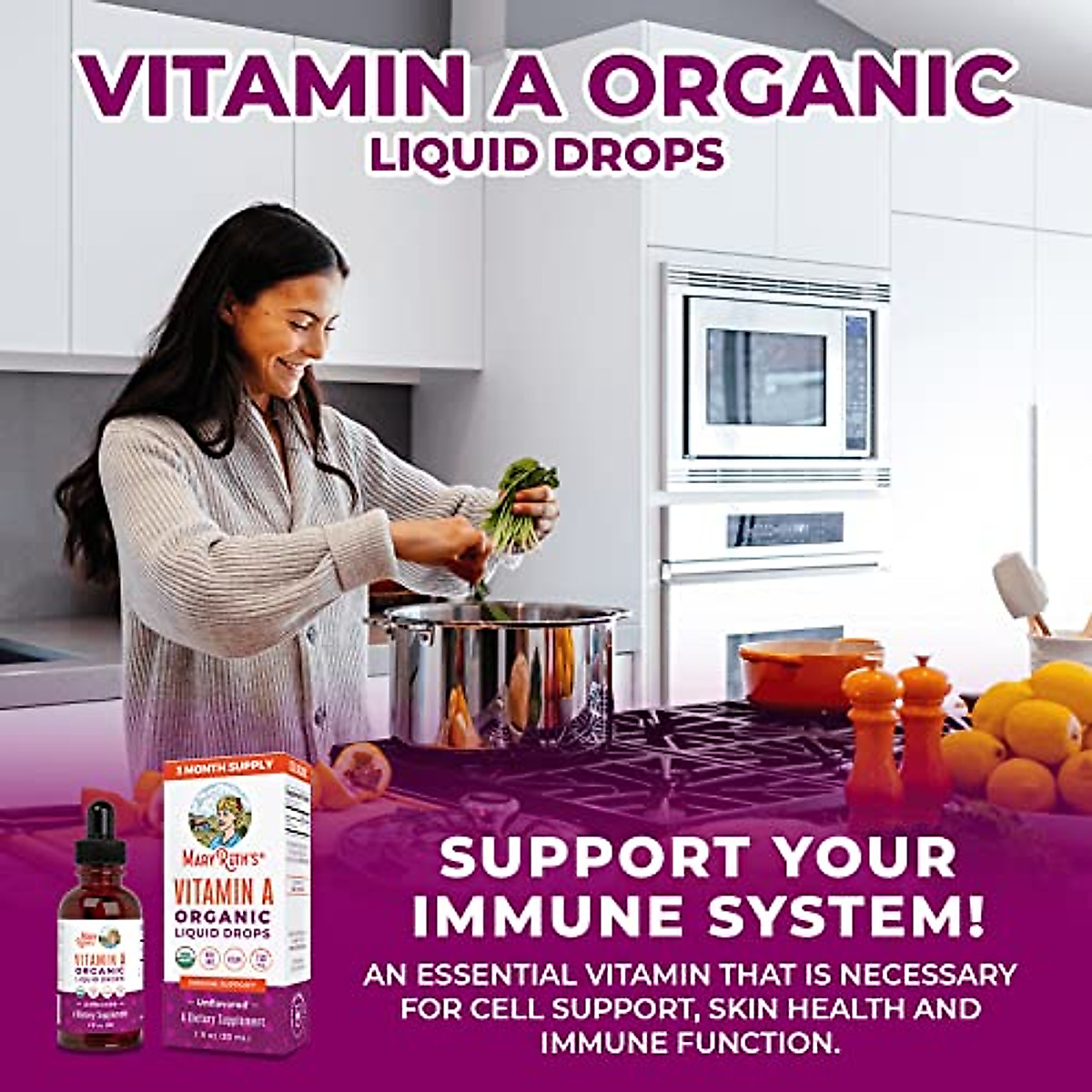 MaryRuth’s USDA Organic Vitamin A Liquid Drops | 3 Month Supply | Immune Support, Eye Health, Skin Health for Ages 14+ | 750mcg per Serving | Sugar Free | Vegan | Non-GMO | Gluten Free | 1oz