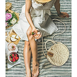 QTKJ Summer Beach Round Rattan Bag, Hand Woven Bali Straw Tote Crossbody Handbag for Womens