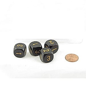 Black Opaque Dice with Gold Numbers D3 (D6 1-3 Twice) 16mm (5/8in) Pack of 4 Wondertrail