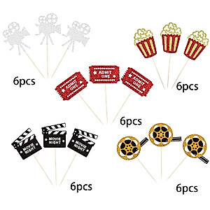 30 PCS Movie Cupcake Toppers Glitter Movie Night Roll Camera Popcorn Cupcake Picks for Hollywood Theme Baby Shower Kids Birthday Party Cake Decorations Supplies
