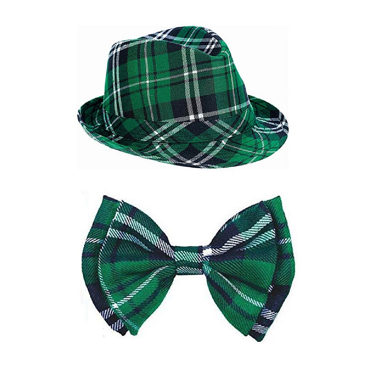 ANIUHL St. Patrick's Day Plaid Fabric Fedora Hat and Bow Tie Set, Green Irish Cap Party Cosplay Costumes Accessory for Women Men