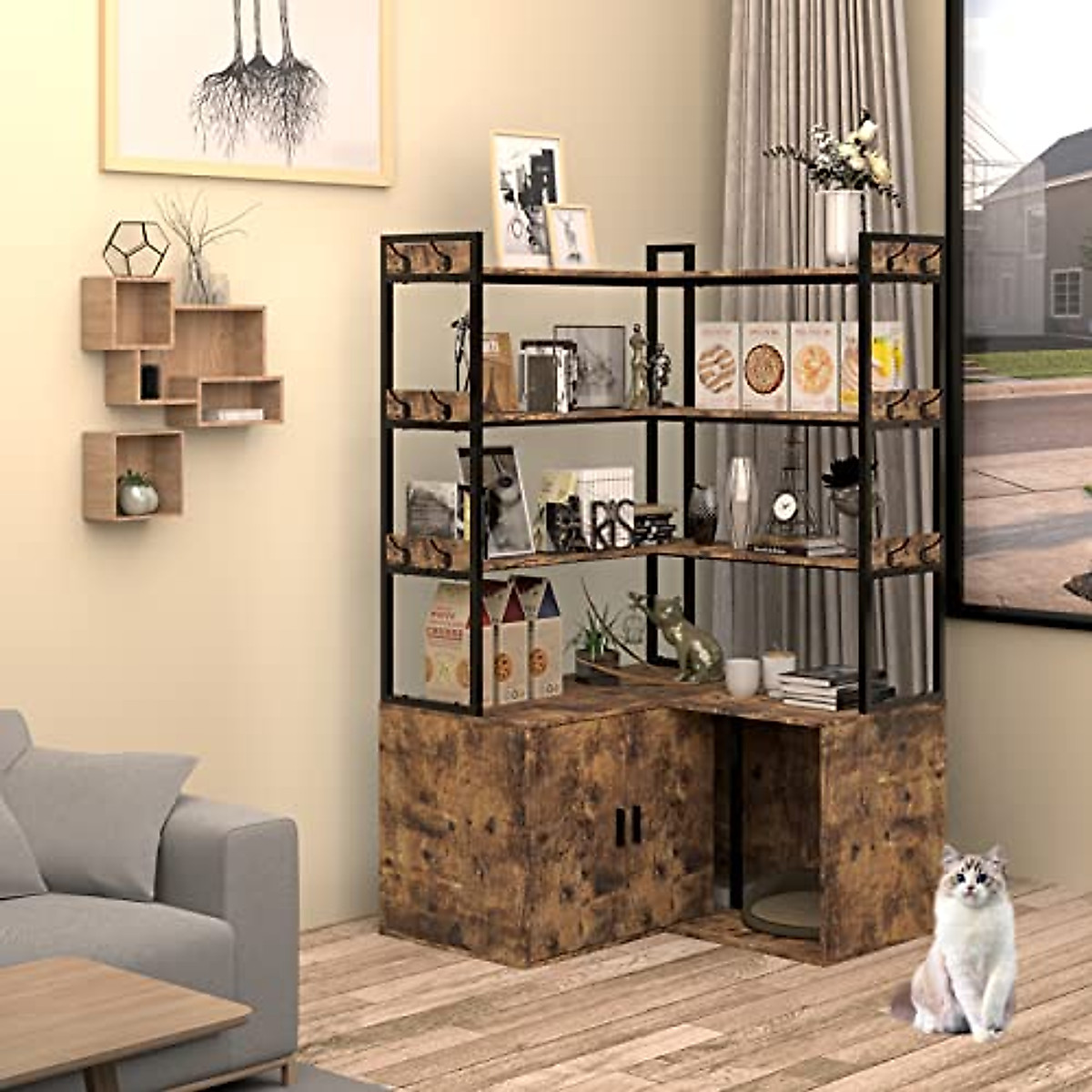 PAKASEPT Litter Box Enclosure with Shelves and Doors, Industrial Corner Shelves with Cat Cabinet &12 Hooks, 3-Shelf Corner Bookshelf, Pullable Carring Tray, Cat Scratcher, for Most of Litter Box