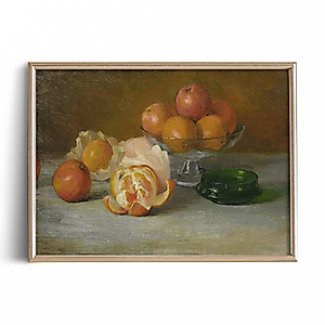 Farmhouse Still Life Picture Living Room - Rustic Vintage Decor for Bedroom - Tangerine Orange Fruit Moody Muted Oil Painting Art Deco Wall Art for Kitchen - 11 x 14 Art Print - Antique French Poster