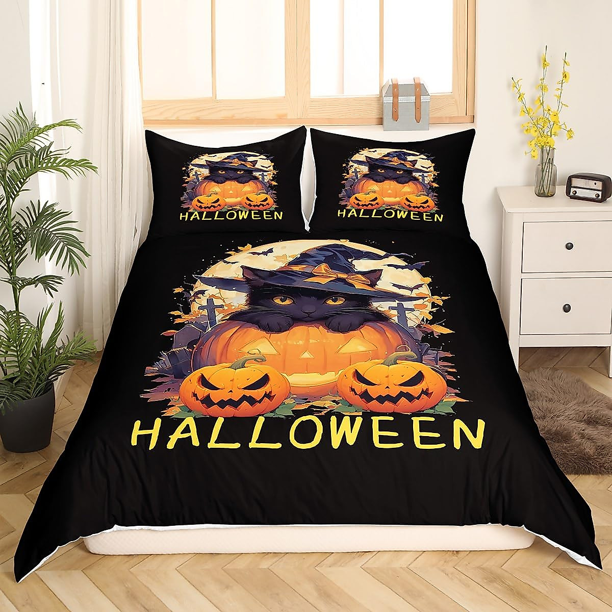 Happy Halloween Kids Duvet Cover Set King Size,Moon Pumpkin Lantern Witch Hat Bedding Set,Boys Girls Room Decor,Cartoon Cat Bat Animal Rustic Comforter Cover,Black Trippy Quilt Cover,2 Pillowcases