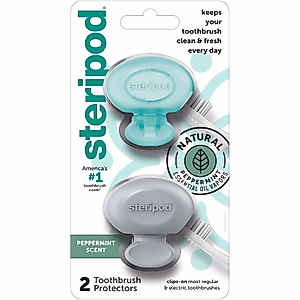 Steripod Clip-On Toothbrush Protector with Peppermint Essential Oils, Keeps Toothbrush Fresh and Clean, Travel Accessories, Fits Most Manual and Electric Toothbrushes, 2 Count