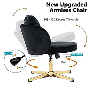Pvillez Office Desk Chair No Wheels Polyester Fabric Armless Home Office Desk Chair Office Chair Vanity Chair Adjustable Swivel Home Office Computer Chair Task Chair with Pillow and Gold Base (Black)