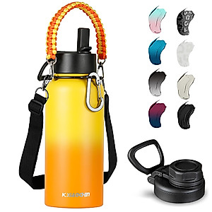 32 oz Insulated Water Bottle with Paracord Handles & Strap, 2 Lids(Straw Lid&Spout Lid), Stainless Steel Reusable Wide Mouth Metal Water Bottle With Straw, Double Walled, Thermo Mug（Mango Yellow)