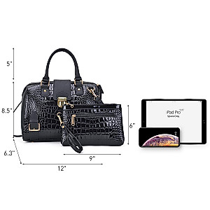 Dasein Women Barrel Handbags Fashion Satchel Bags Top Handle Shoulder Purses Vegan Leather Work Tote (Crocodile Black)