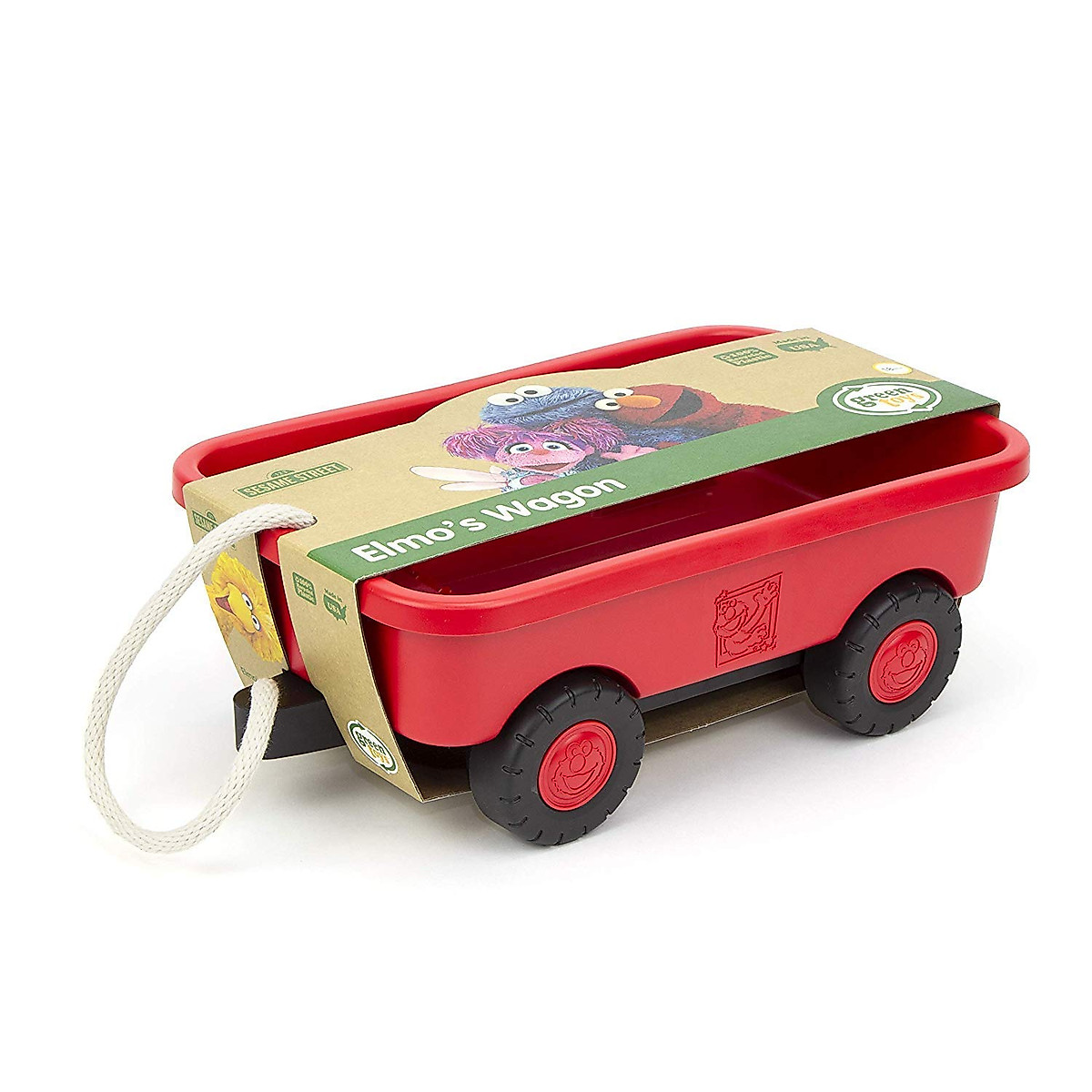 Green Toys Sesame Street Elmo's Wagon, Red - Pretend Play, Motor Skills, Kids Outdoor Toy Vehicle. No BPA, phthalates, PVC. Dishwasher Safe, Recycled Plastic, Made in USA.