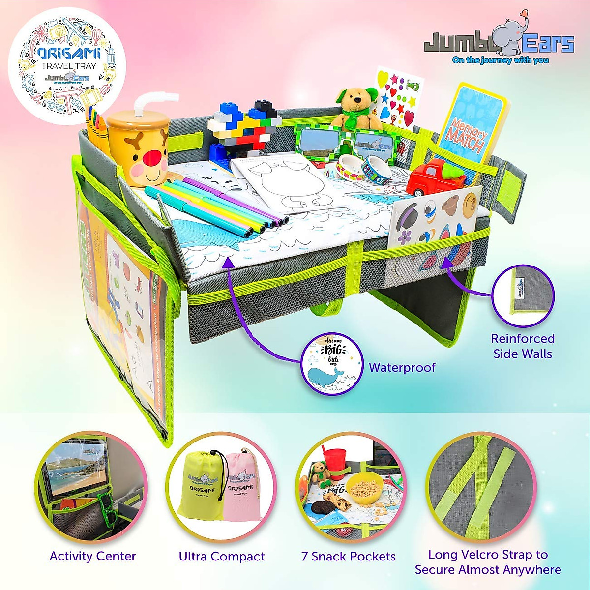 Jumbo Ears Origami Kids Travel Tray Placemat Cover -Gray- Foldable and Easy to Setup with Bonus Portable Multipurpose Side Pockets Organizer for Tablets and Phones Activities or Snacks for Toddler