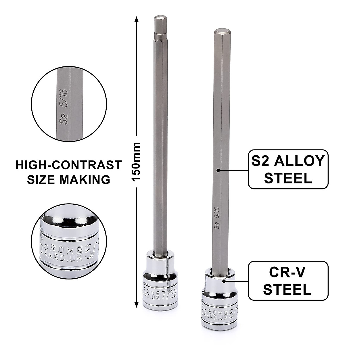 EMENTOL 18PCS 3/8" Drive Long Hex Bit Socket Set, CR-V, S2 Steel, SAE/Metric, Extra Long Allen Hex Bit Socket Set, 1/8 Inch - 3/8 Inch, 3mm - 10mm