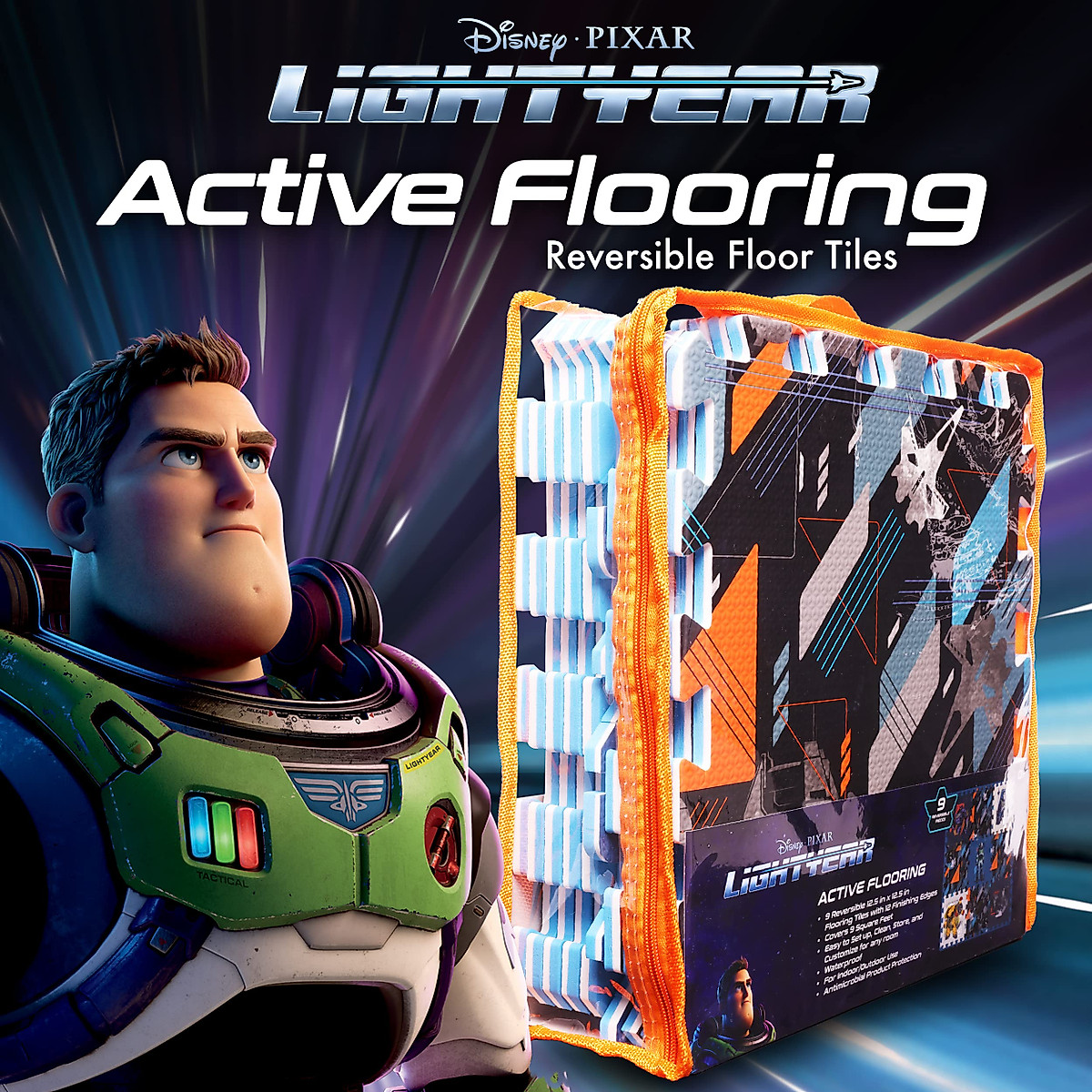 Disney Pixar Lightyear Kids Foam Mat, Interlocking Puzzle Non Slip and Non Toxic Exercise Play Mat Flooring Tiles, Blue, 36 x 36 Inches, 9 Tiles