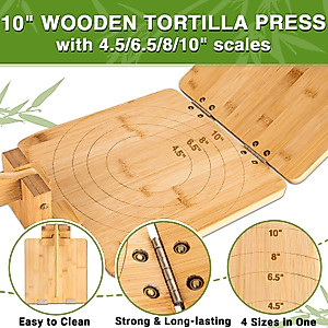 Bamboo Wooden Tortilla Press - 10 Inch Wood Tortilla Maker Press Square with 60 Pcs Parchment Paper and Scraper, Mexican Tortillera Presser 4.5” to 10" for Homemade Tortillas, Pataconera & Dough Press