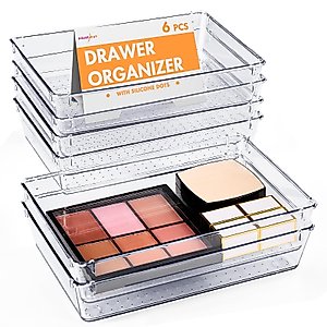 HOUSE DAY Desk Drawer Organizer Bins 6 PCS, 9*6*2" Clear Drawer Organizers with Silicone Pads, Vanity Organizers and Storage, Non Slip Plastic Drawer Organizer for Makeup, Bathroom, Kitchen, Office