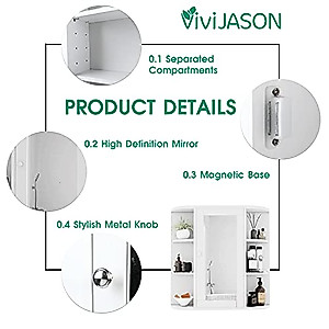 VIVIJASON Bathroom Wall Mounted Cabinet - Over The Toilet Space Saver Storage Cabinet - Medicine Storage Organizer - Bathroom Hanging Cupboard with Mirror Single Door and 2 Adjustable Shelves (White)