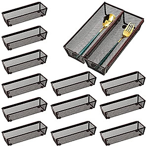 12 Set Mesh Drawer Organizer Steel Drawer Cabinet Metal Utensil Organizer Silverware Holder Cutlery Flatware Utensil Storage for Kitchen Office School Desktop, 9 x 3 x 2 Inches, Brown