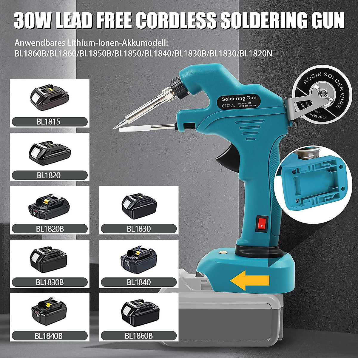 DTNESS 11Pcs Cordless Soldering Iron Kit for Makita 18V Battery, 30s Quick Preheat Soldering Gun with 50g 0.04'' Tind Wire and 5 Solder Tips, Automatic Feed Welding Tool for Circuit Board Repair