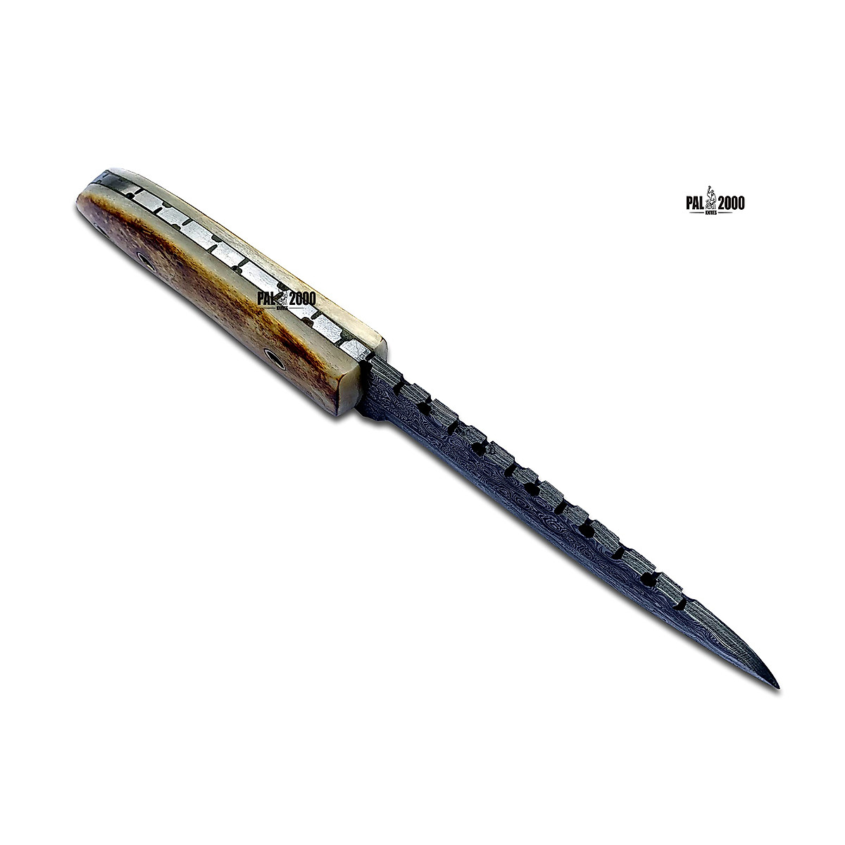 PAL 2000 KNIVES DAM-6003 Handmade Damascus Steel Knife Stained Camel Bone with Genuine Leather Sheath