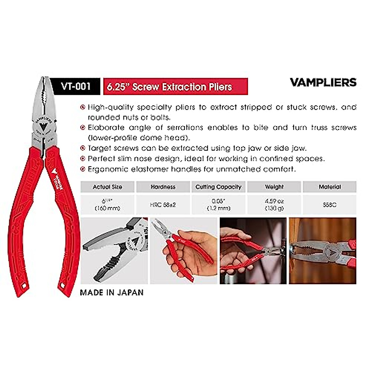VAMPLIERS 6.25" Screw Extraction Multipurpose Pliers with Unique Non-Slip Jaws. Patented Stripped Screw Remover Tool. Effeciently extracts any damaged or rusted screws/fasteners. Made in Japan: VT-001