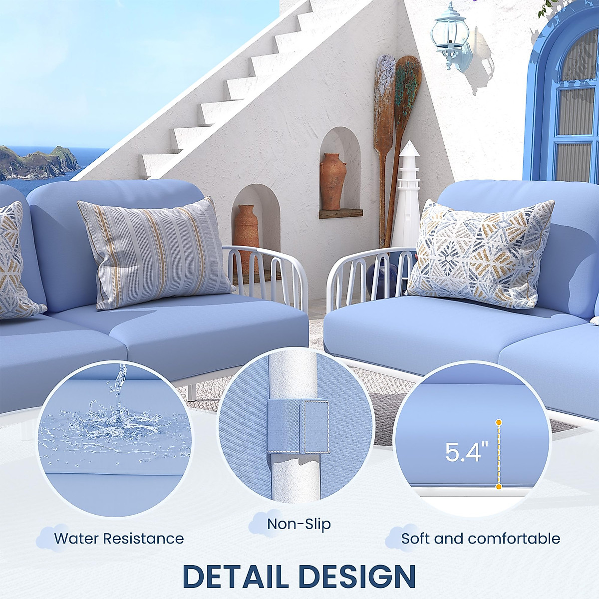 UDPATIO Resin Oversized Patio Furniture Set, Modular DIY Outdoor Sectional Sofa Set, All Weather UV Patio Conversation Set with 5.4'' Thick Cushion for Backyard, Deck, 8pcs Blue White