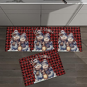 Christmas 2Pcs Kitchen Rugs, Anti Fatigue Kitchen Mat Non Slip Rug Runner Comfort Standing Floor Mats Kitchen Carpet Set for Sink, Laundry - Christmas Cartoon Snowman Red Black Plaid