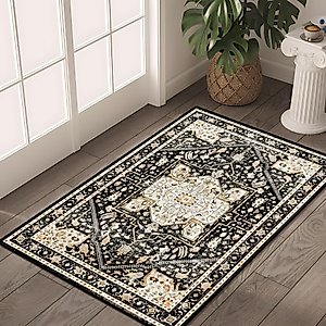 MUJOO Black Small Rug Washable,Boho Area Rugs for Bathroom Entryway Entry Entrance Bedroom,Front Door Mat Soft Carpet Indoor Vintage Black and Gold Floral 2'x3'