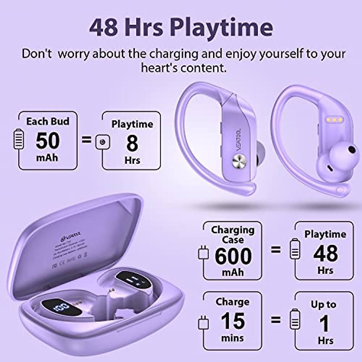bmanl Wireless Earbuds Bluetooth Headphones 48hrs Play Back Sport Earphones with LED Display Over-Ear Buds with Earhooks Built-in Mic Headset for Workout Purple BMANI-VEAT00L
