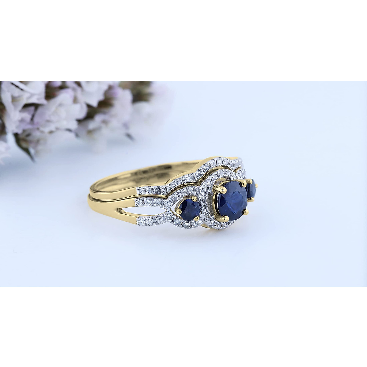 Dazzlingrock Collection Round Blue Sapphire & White Diamond Ladies 3 Stone Halo Wedding Ring Set 14K Yellow Gold, Size 7
