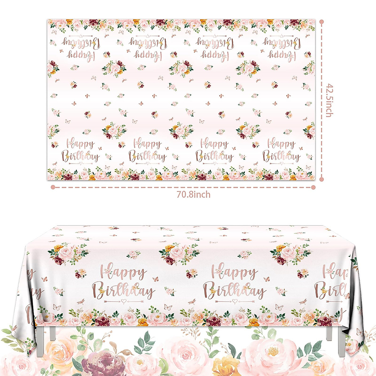 Gupesxu 3Pack Pink Rose Tablecloth-Happy Birthday Party Decoration Pink Floral Baby Shower Table Cover Plastic Rectangle Tables for Girl Kids Wedding,Sweet 16 Birthday Party