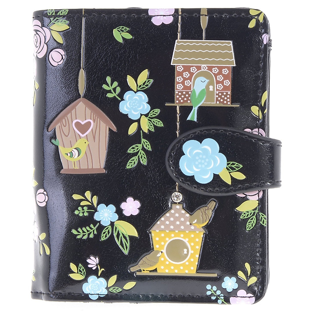 Shag Wear Women's Premium Vegan Clutch Cardholder Wallet Zipper Purse with Pretty Bird House Black