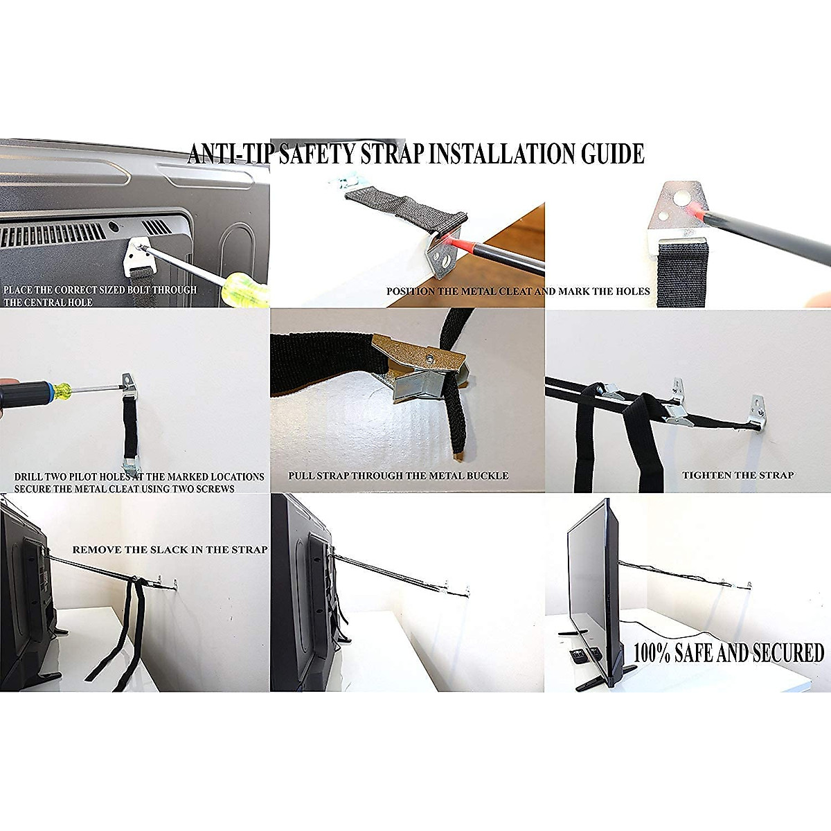 TV and Furniture Anti Tip Straps,Metal Heavy Duty TV Straps Child Safety,Adjustable Safety Furniture Wall Anchors for Baby Proofing Flat Screen TV,Dresser,Bookcase,Cabinets,No Plastic Parts,Pack of 2