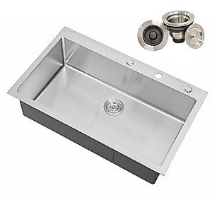 CozyBlock 36 Inches 16-Gauge Stainless Steel Topmount Drop-in Single Bowl Kitchen Sink in Brushed Stainless Steel Finish with Strainer